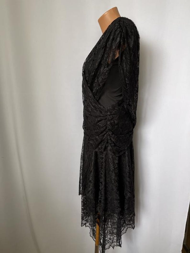 Vintage 70s 80s Black Lace Flapper Dress Jinty's London Sleeveless ...