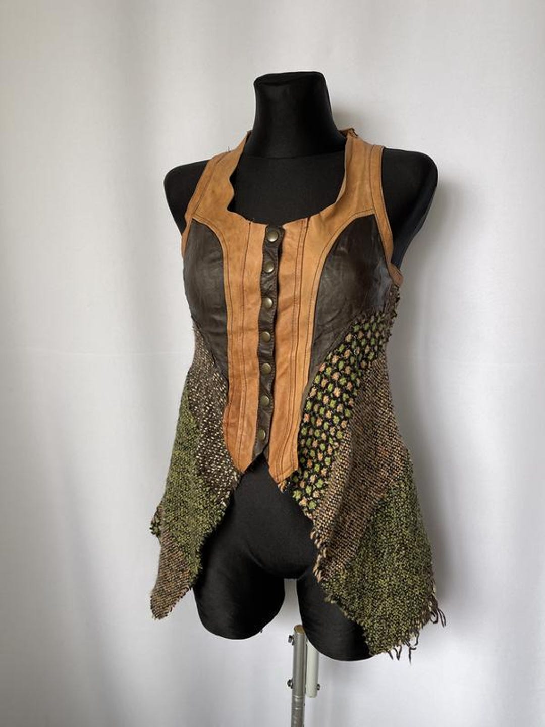 Brav Stevelan Boho Vest Waistcoat – Leather & Wool Patchwork With Snap ...