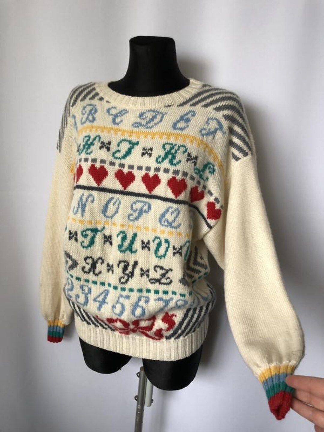 Vintage Cream White Wool Sweater Multicolor Alphabet Letters & Numbers ...