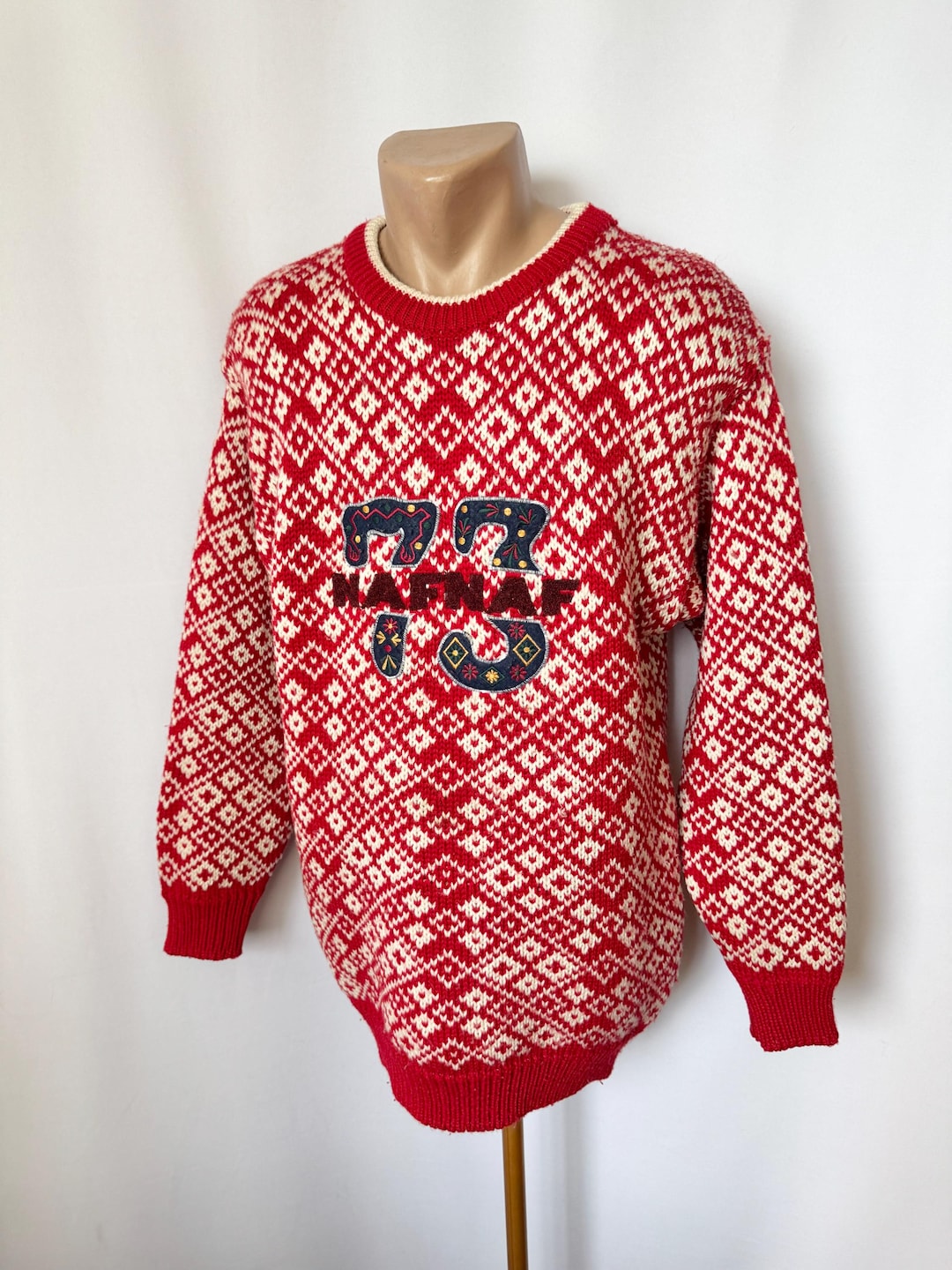 Vintage 90s NAF NAF Red & White Geometric Sweater Number 73 Folk Style ...