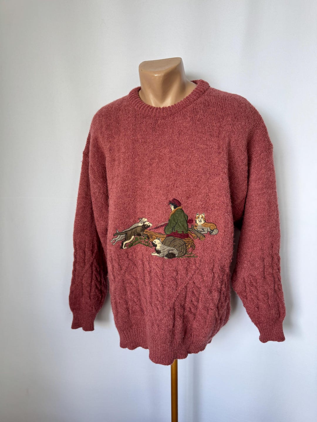 Vintage Men's Wool Hunter Sweater – Embroidered Hunting Dogs, Cable ...