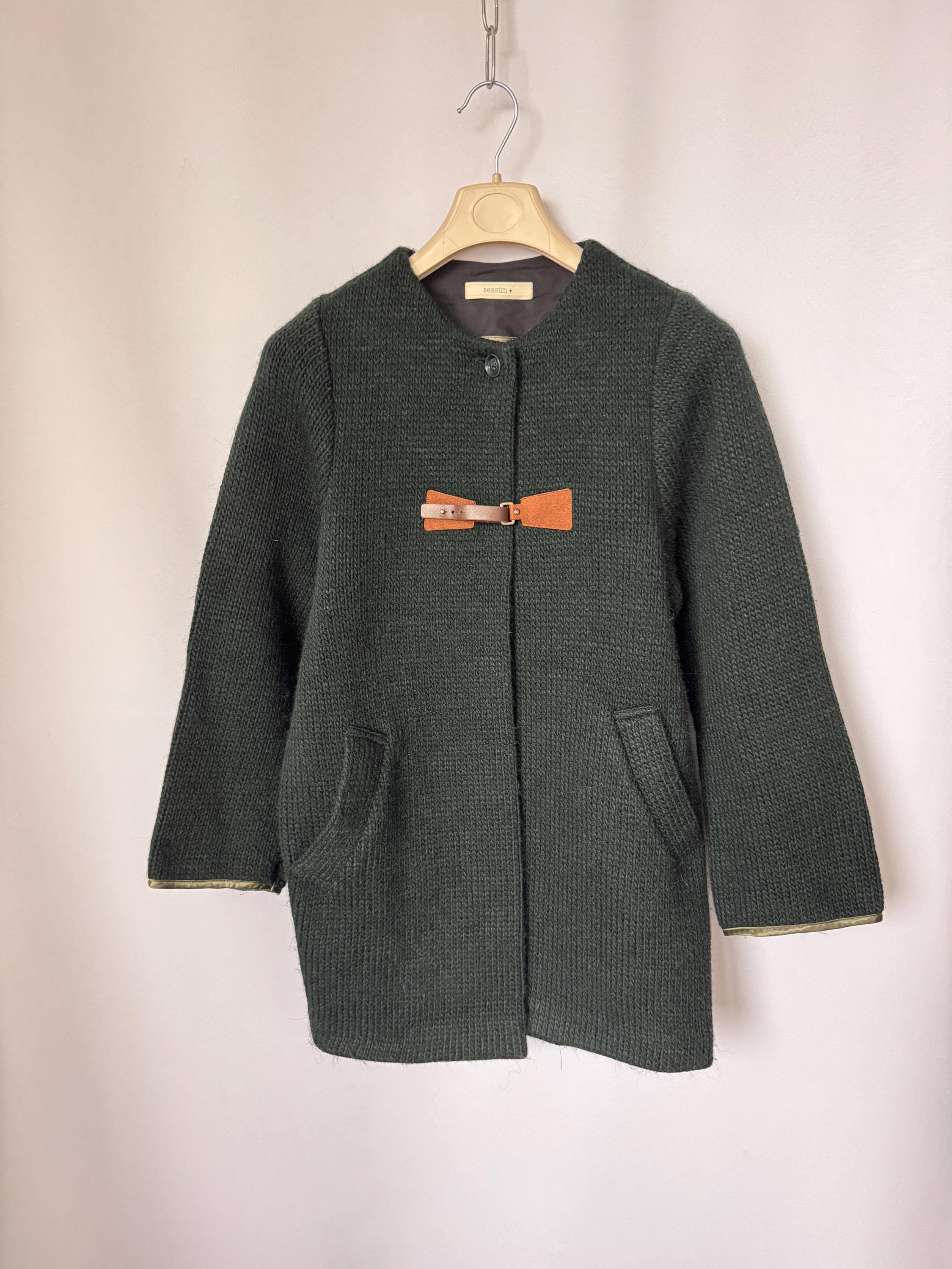 Sessun Green Coat Knitted Wool Alpaca Collarless Jacket Azumi Coat With ...