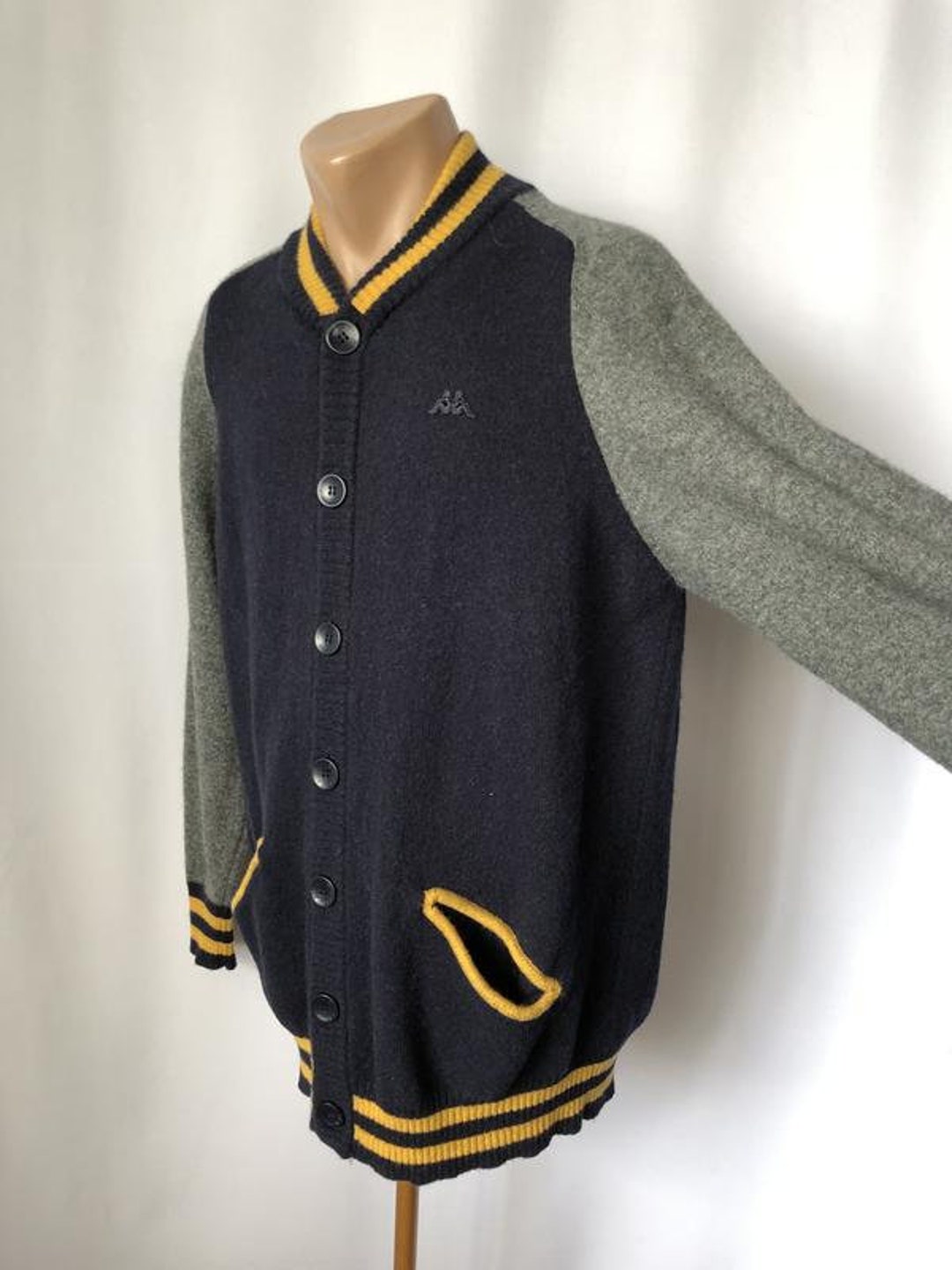 Kappa Vintage Navy & Gray Wool Bomber Jacket Cardigan Letterman School ...