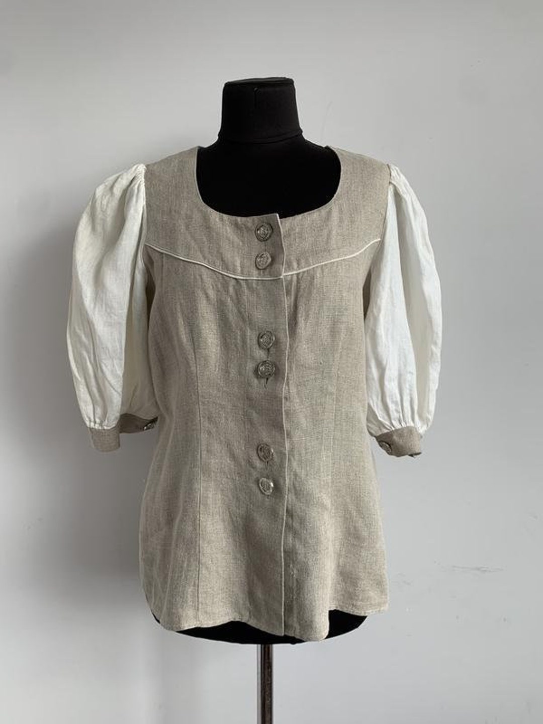 Vintage Linen Dirndl Bavarian Peasant Blouse Cream Beige & White, Puff ...