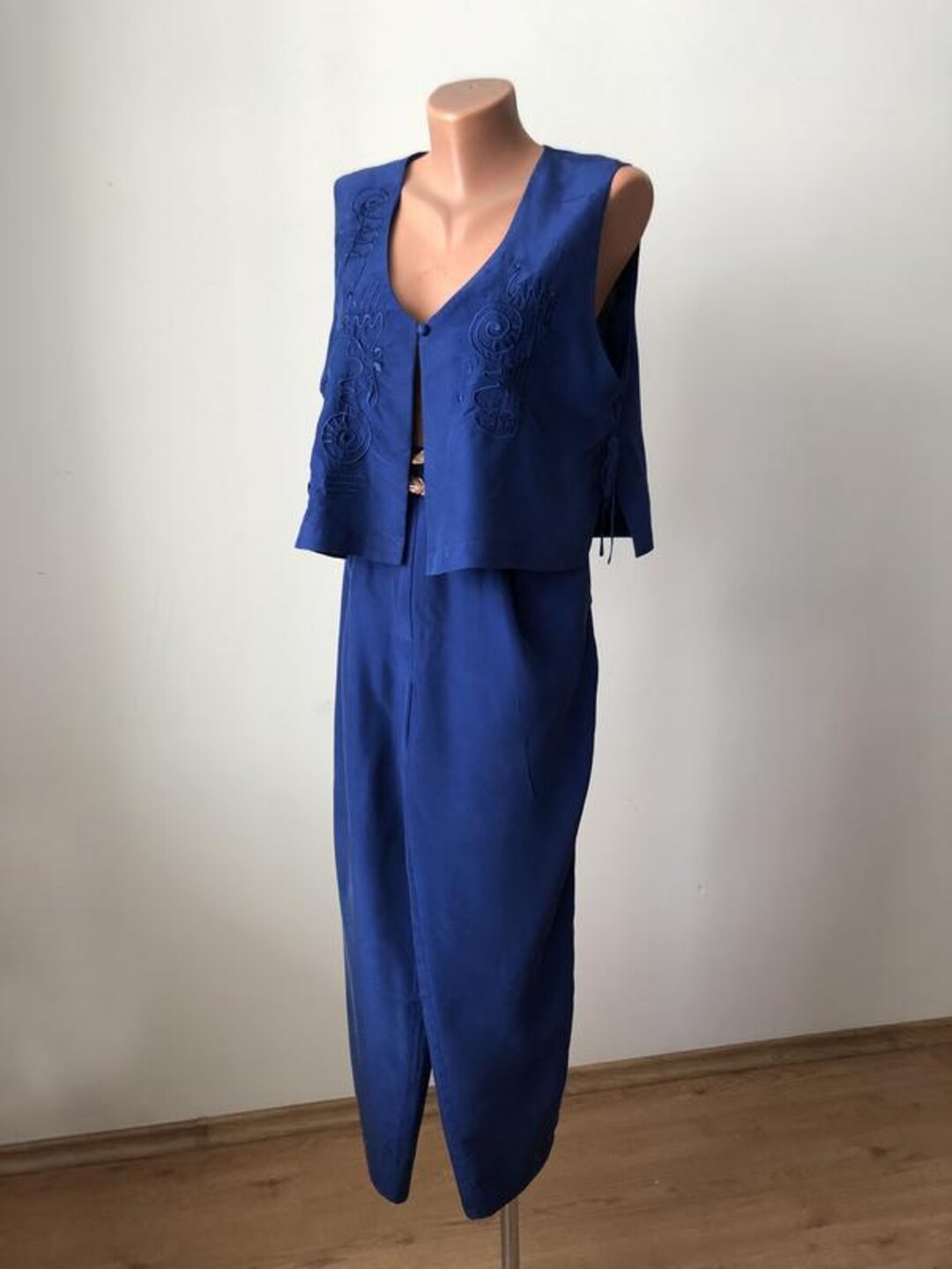 Vintage 80s Silk Pant Suit | Royal Blue Embroidered Vest & Banana Pants ...