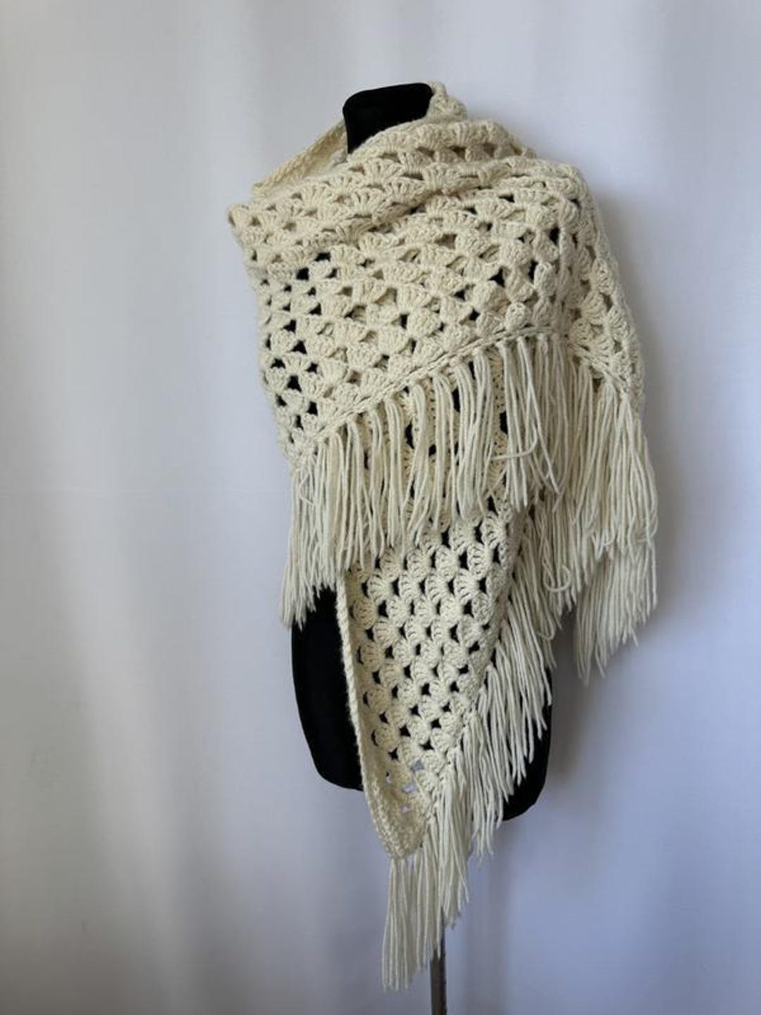 White Cream Crochet Triangle Shawl | Knitted Wool Cape With Fringe ...