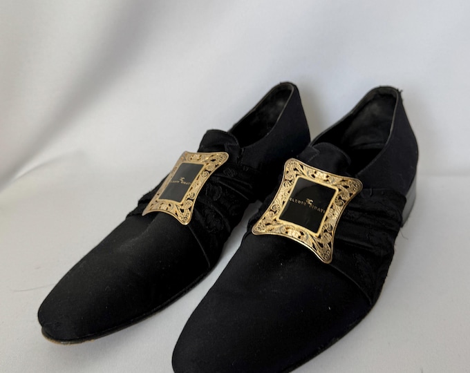 Cleofe Finati Men's Rococo Style Shoes Black Satin Slip-ons Ornate Gold ...