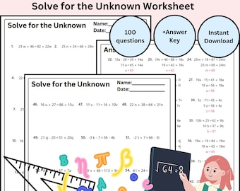 Algebra Solving Equations Math Worksheet 5th 6th 7th Grade Multistep ...