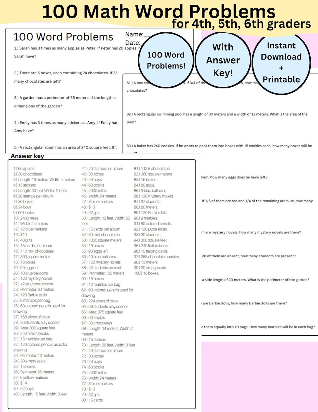 4th 5th 6th Grade Math Word Problems Worksheet PDF | Solve Word ...