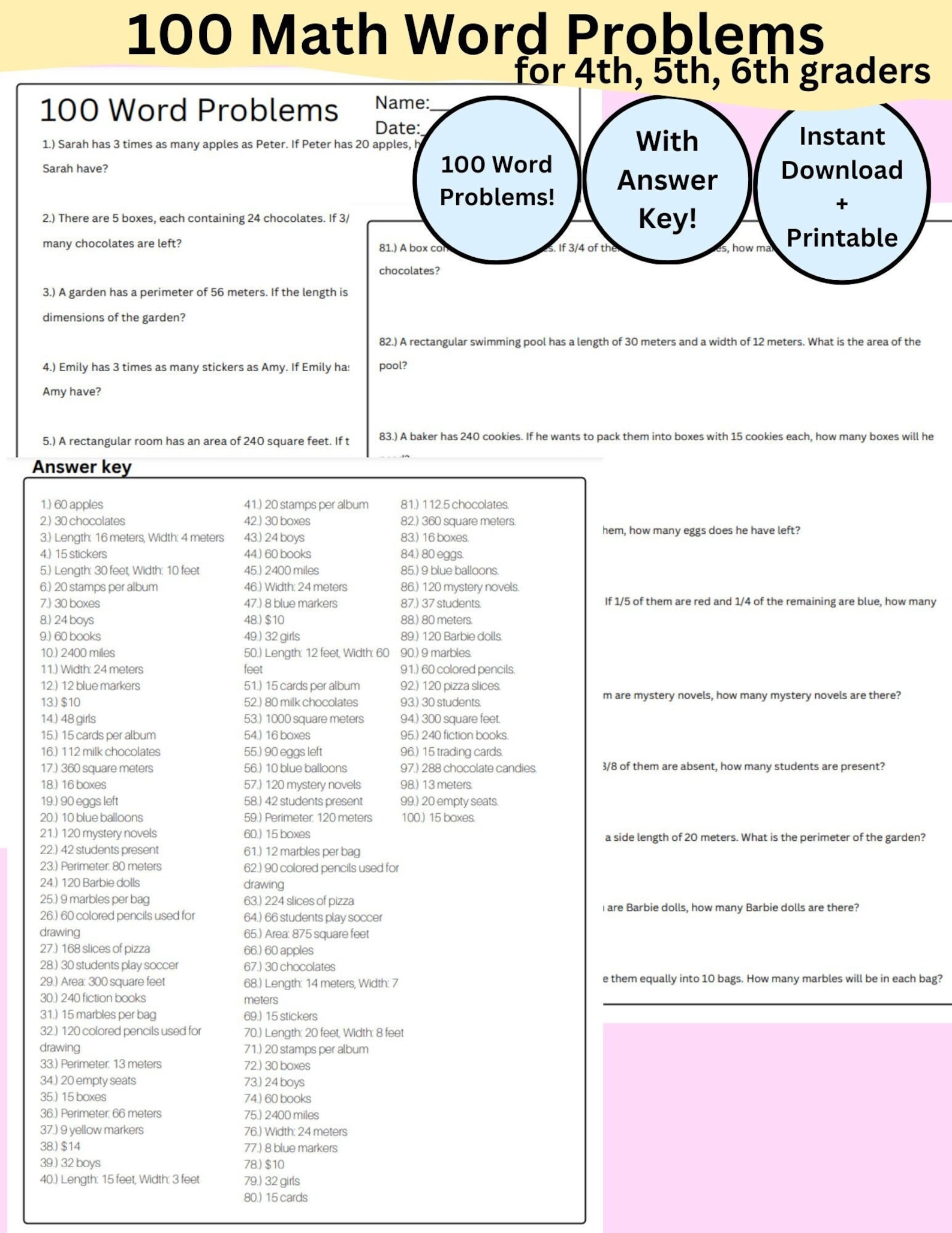 4th 5th 6th Grade Math Word Problems Worksheet PDF | Solve Word ...