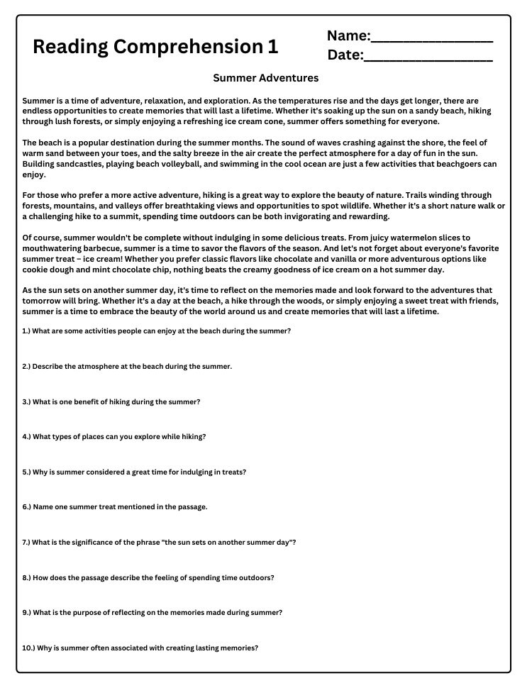 Summer Theme Reading Passages Worksheet 3rd 4th 5th 6th Grade Instant ...