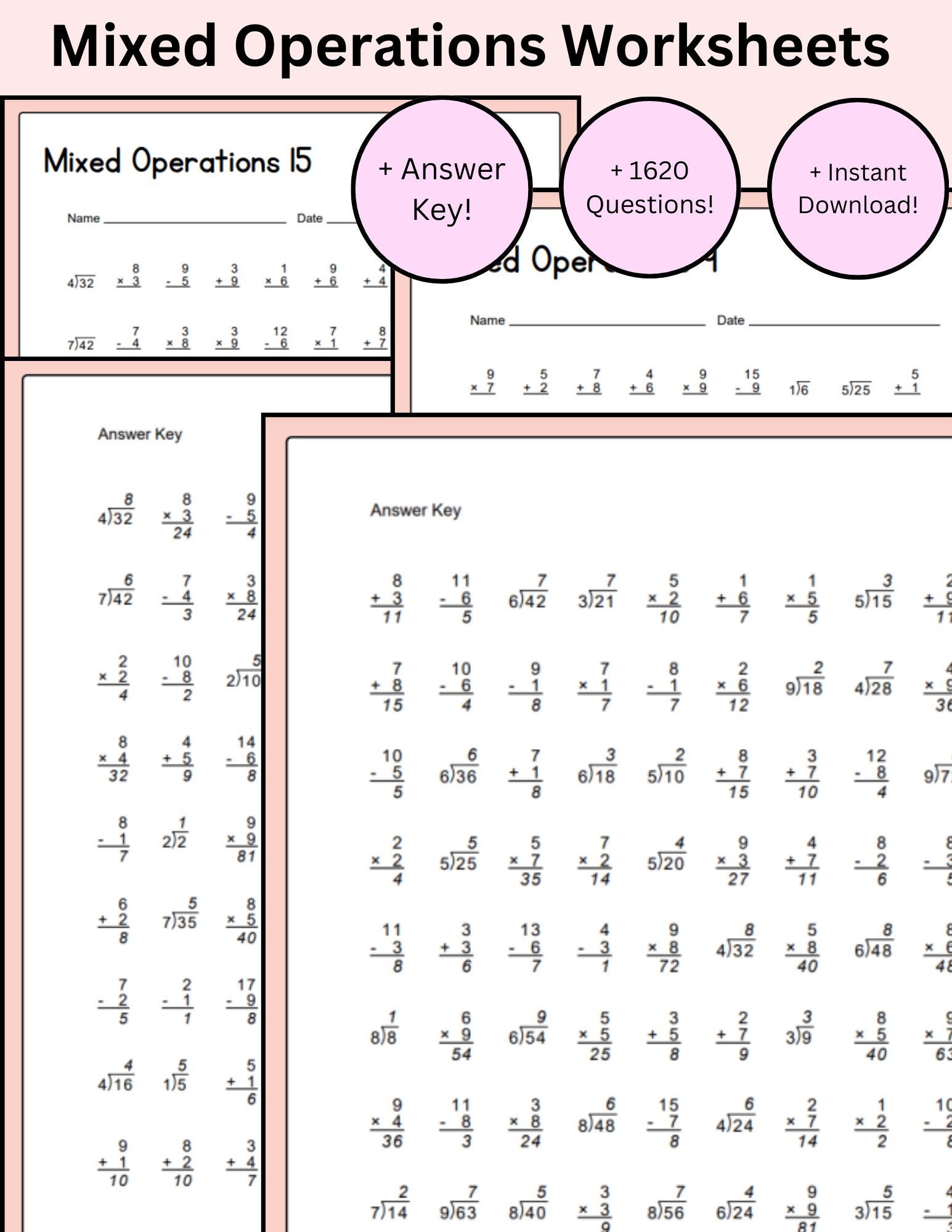 1620 Problems Printable Math Mixed Operations Worksheet Grade 1st, 2nd ...