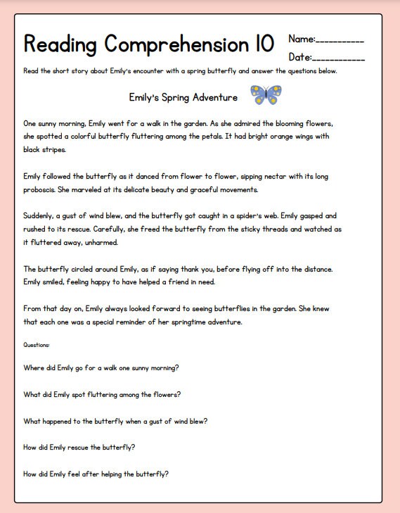 10 Spring Theme Reading Comprehension Worksheet | First Grade | Second ...