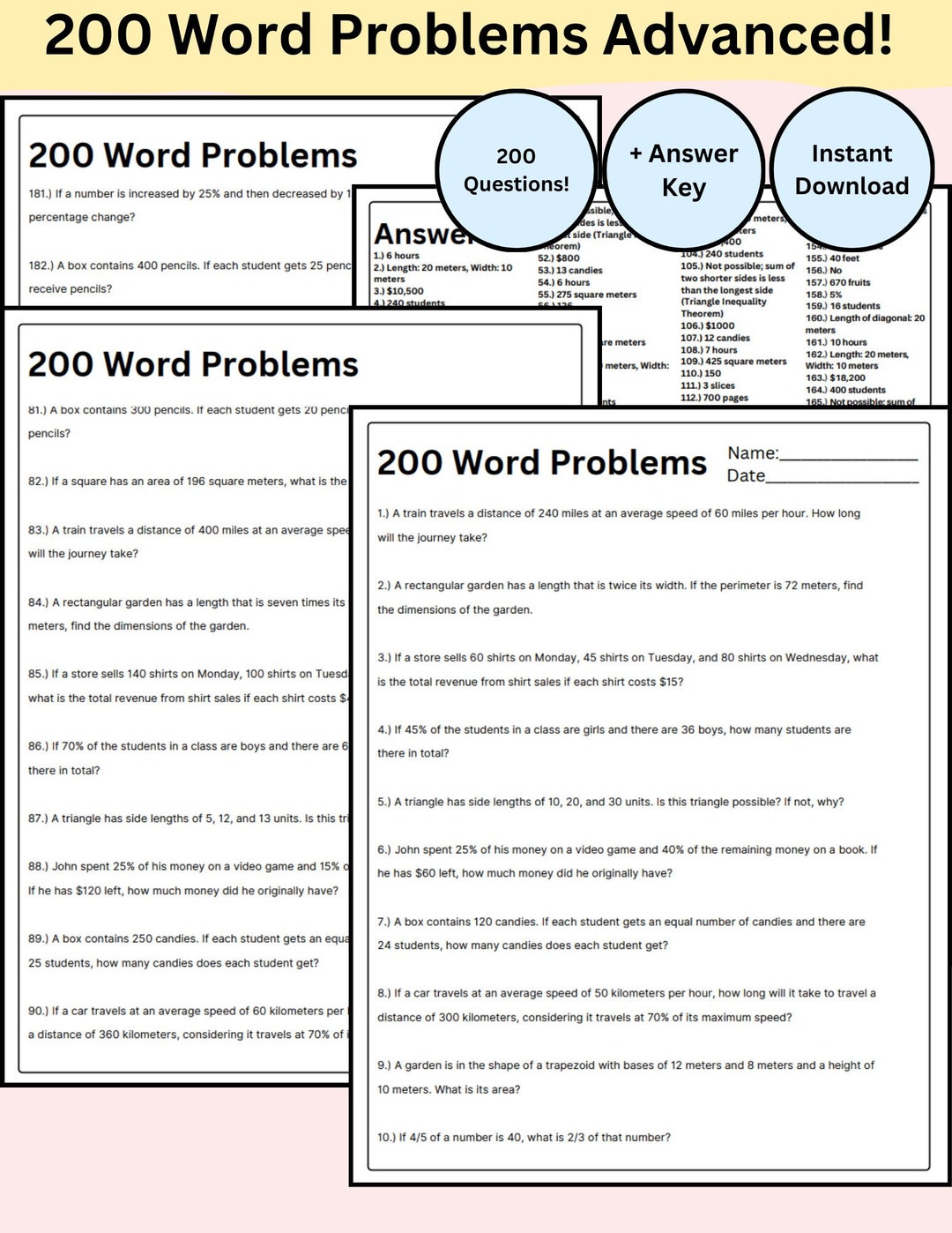 200 Math Word Problems PDF Solve Word Problems Homeschool Math Word ...