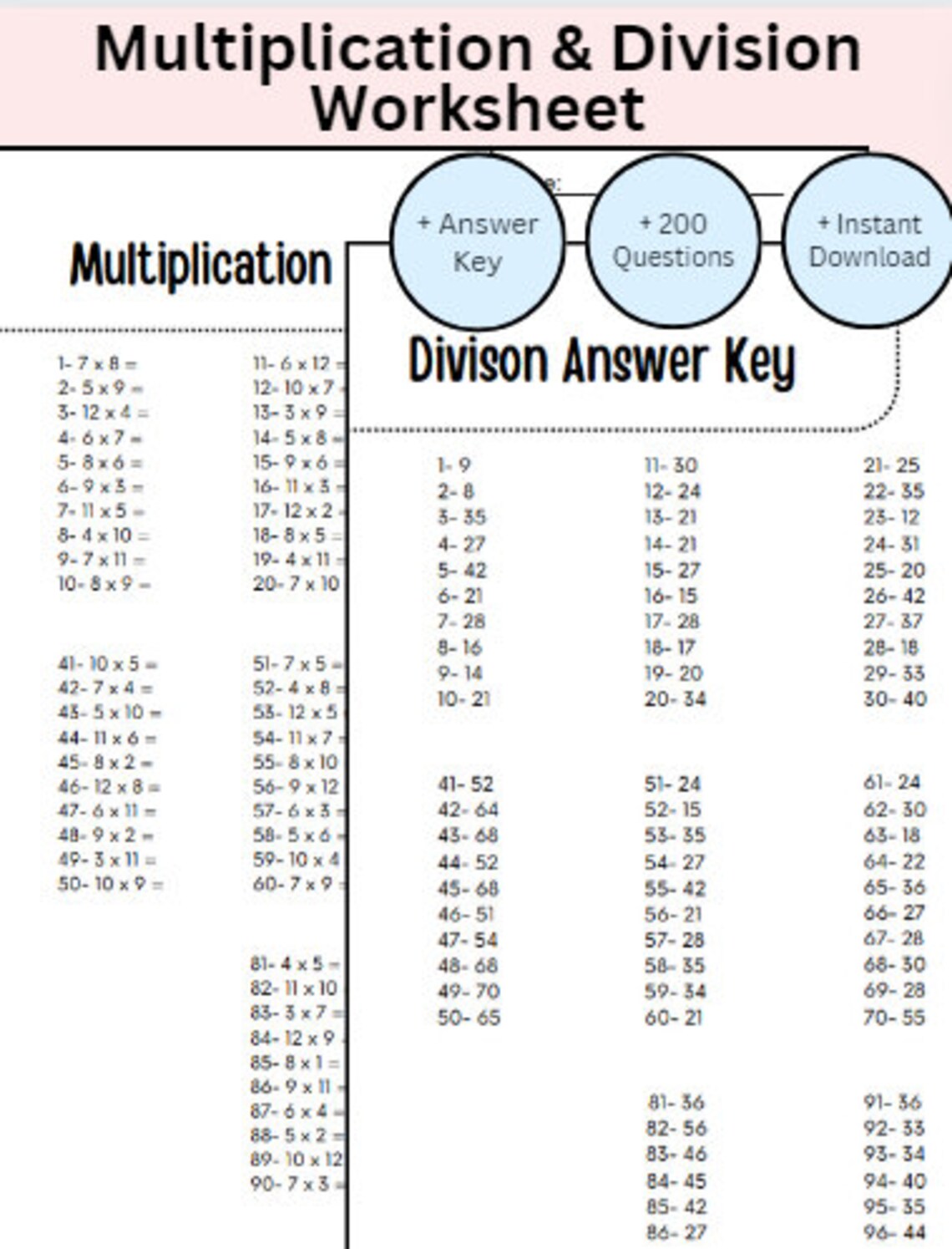 Multiplication and Division Worksheet BUNDLE | Math Worksheet Bundle ...
