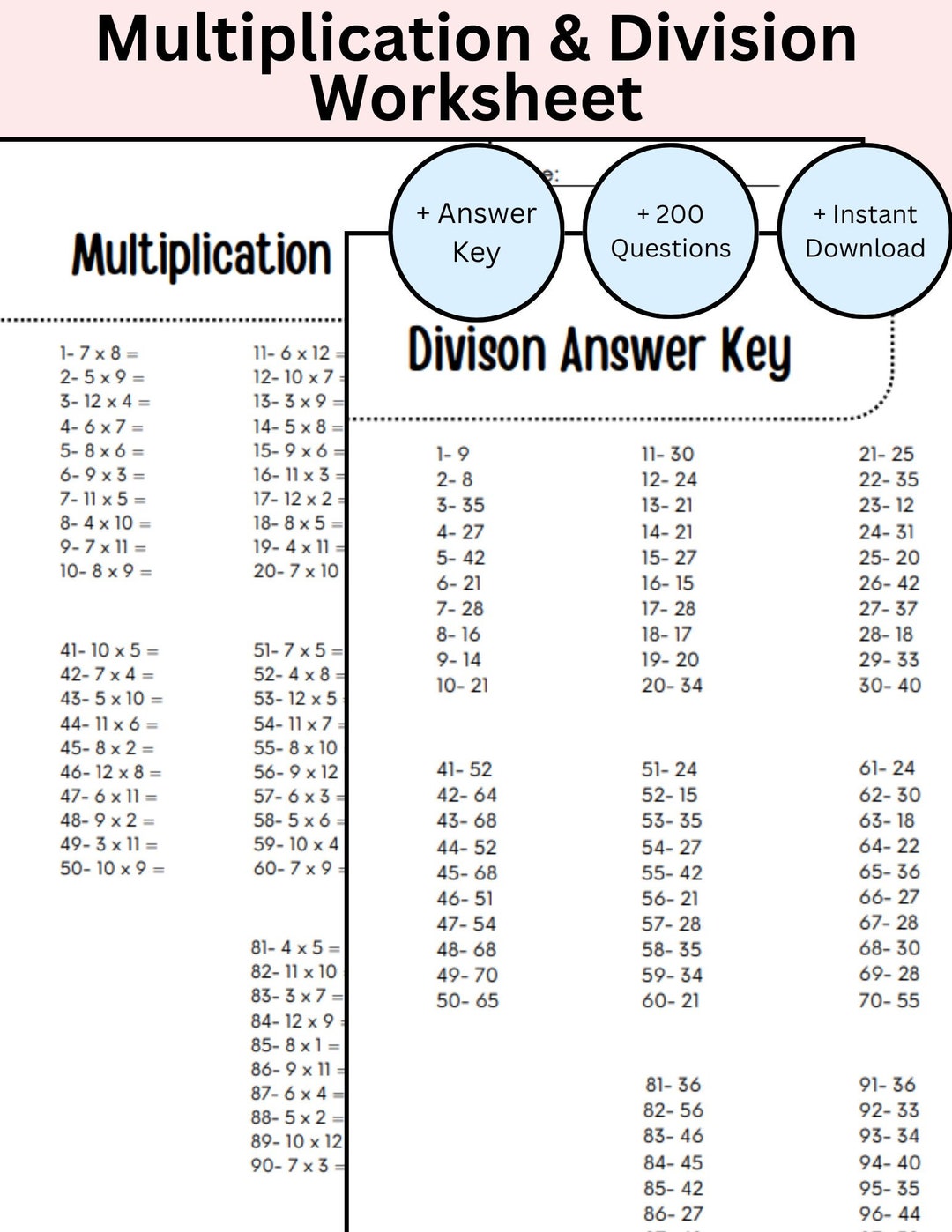 200 Questions PDF Printable Math Multiplication Division Worksheet ...