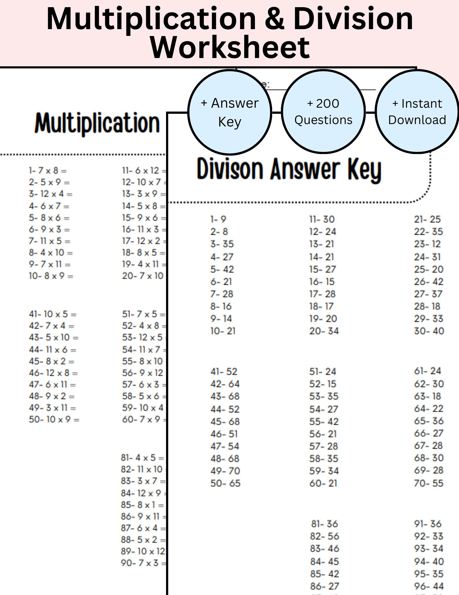 200 Questions PDF Printable Math Multiplication Division Worksheet ...