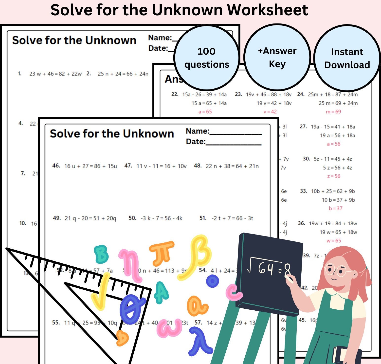 Algebra Solving Equations Math Worksheet 6th 7th 8th Grade Multistep ...