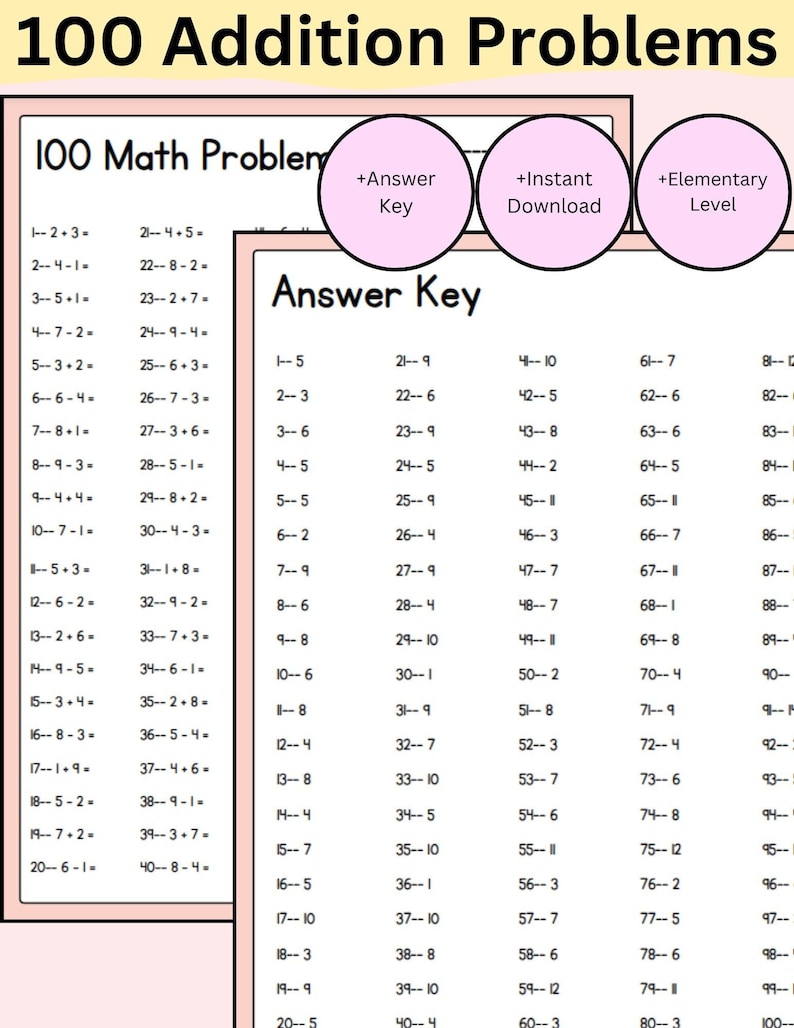 100 Addition Problems Worksheet Kindergarten 1st Grader 2nd Grade ...
