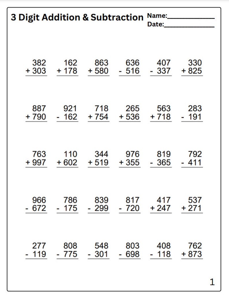 3 Digit Addition and Subtraction Worksheet 4th 5th 6th 7th Grade ...