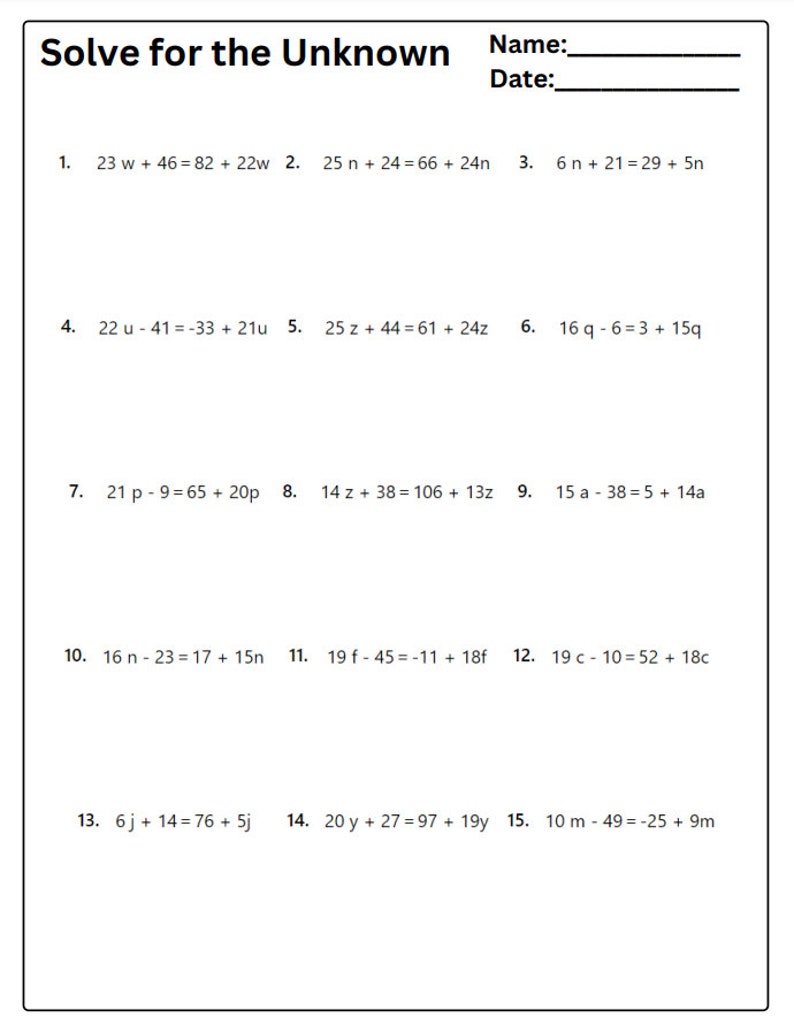Algebra Solving Equations Math Worksheet 6th 7th 8th Grade Multistep ...
