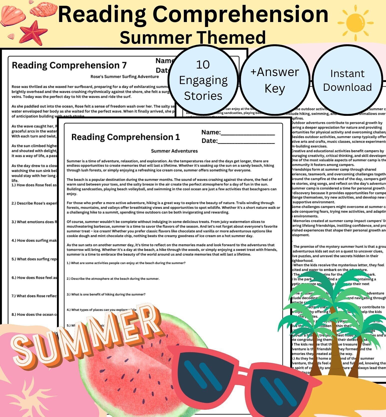 Summer Theme Reading Passages Worksheet 3rd 4th 5th 6th Grade Instant ...