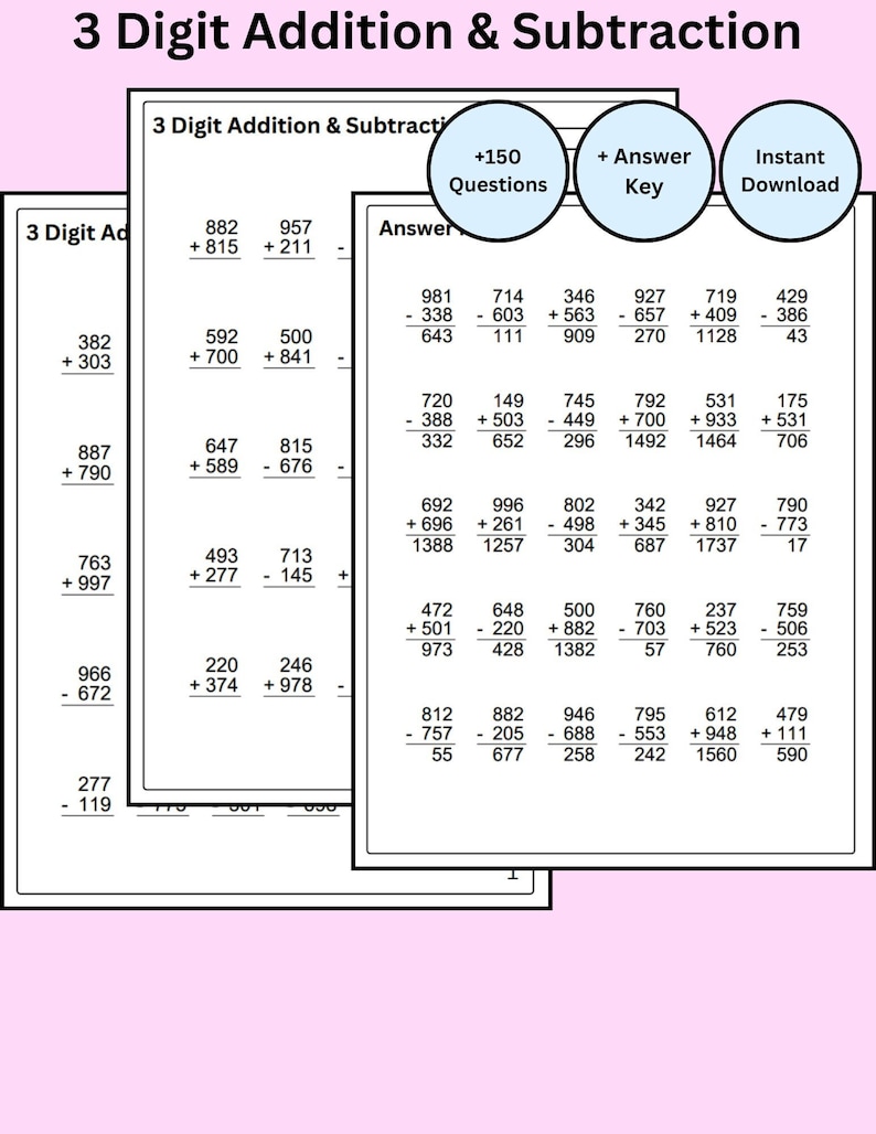3 Digit Addition and Subtraction Worksheet 4th 5th 6th 7th Grade ...
