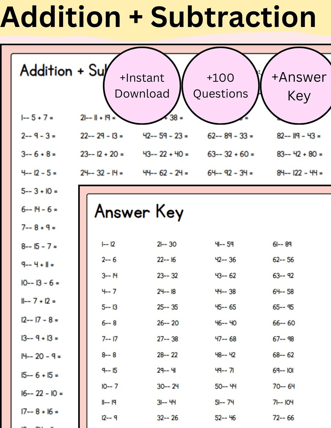 100 Addition and Subtraction Math Worksheet 1st Grade 2nd Grade 3rd ...