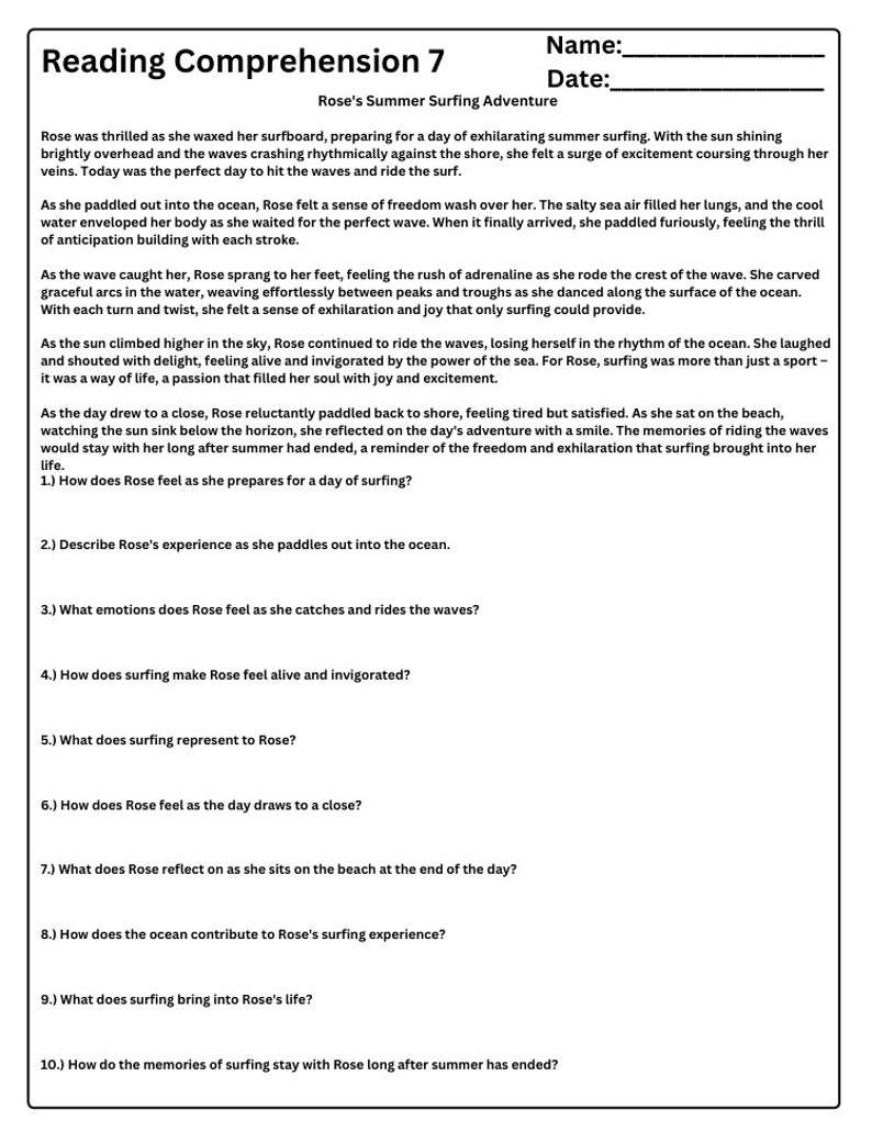 Summer Theme Reading Passages Worksheet 3rd 4th 5th 6th Grade Instant ...