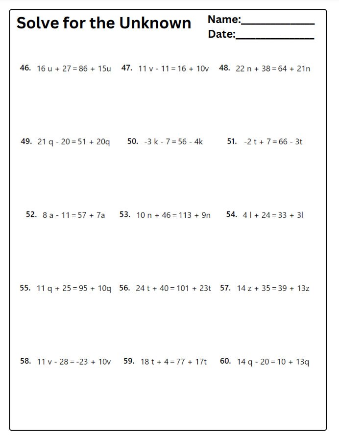 Algebra Solving Equations Math Worksheet 6th 7th 8th Grade Multistep Instant Download Printable ...