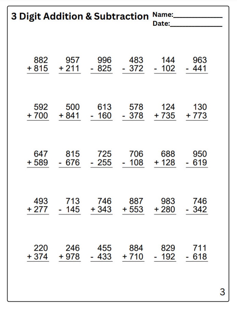 3 Digit Addition and Subtraction Worksheet 4th 5th 6th 7th Grade ...