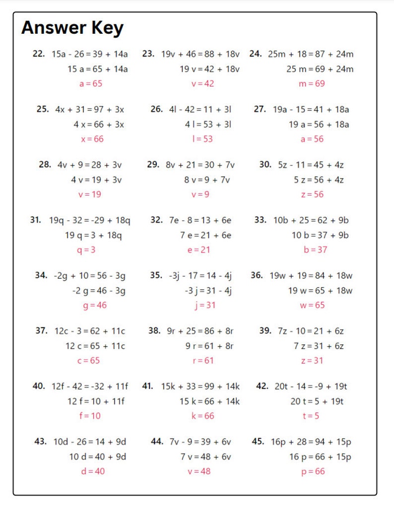 Algebra Solving Equations Math Worksheet 6th 7th 8th Grade Multistep ...