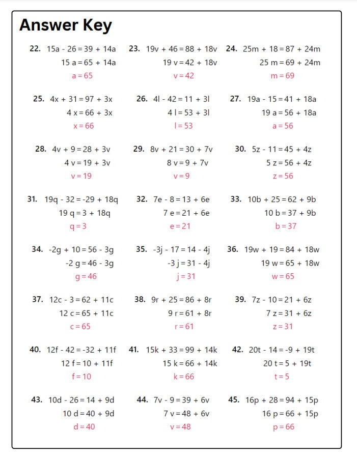 Algebra Solving Equations Math Worksheet 6th 7th 8th Grade Multistep Instant Download Printable ...