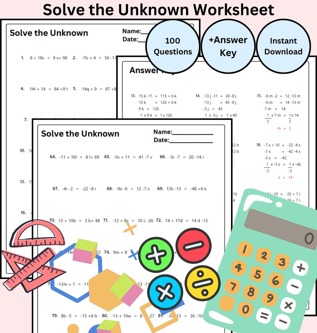 Algebra Solving Equations Math Worksheet 5th 6th 7th Grade Multistep Instant Download Printable ...