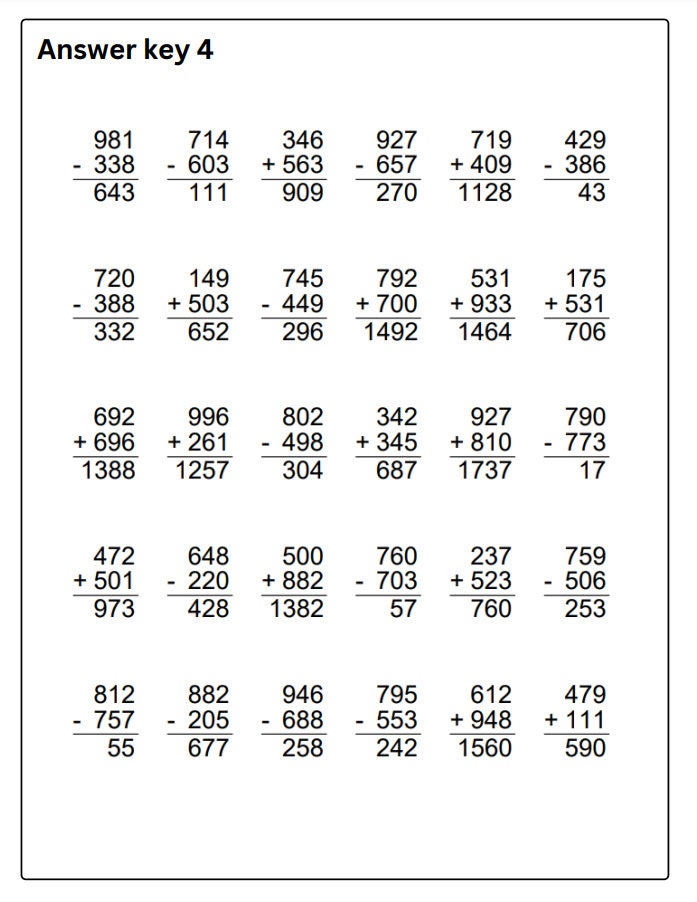 3 Digit Addition and Subtraction Worksheet 4th 5th 6th 7th Grade ...