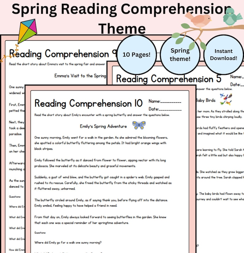 10 Spring Theme Reading Comprehension Worksheet | First Grade | Second ...