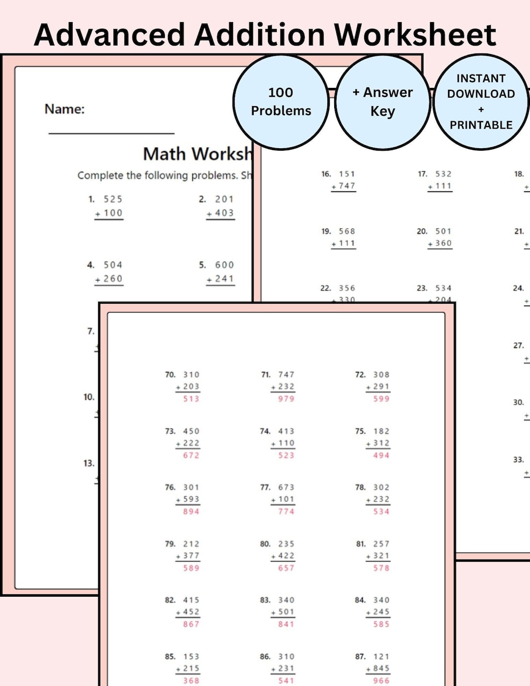 Advanced Addition 3 Digit Math 2nd, 3rd, 4th, and 5th Grade Elementary ...