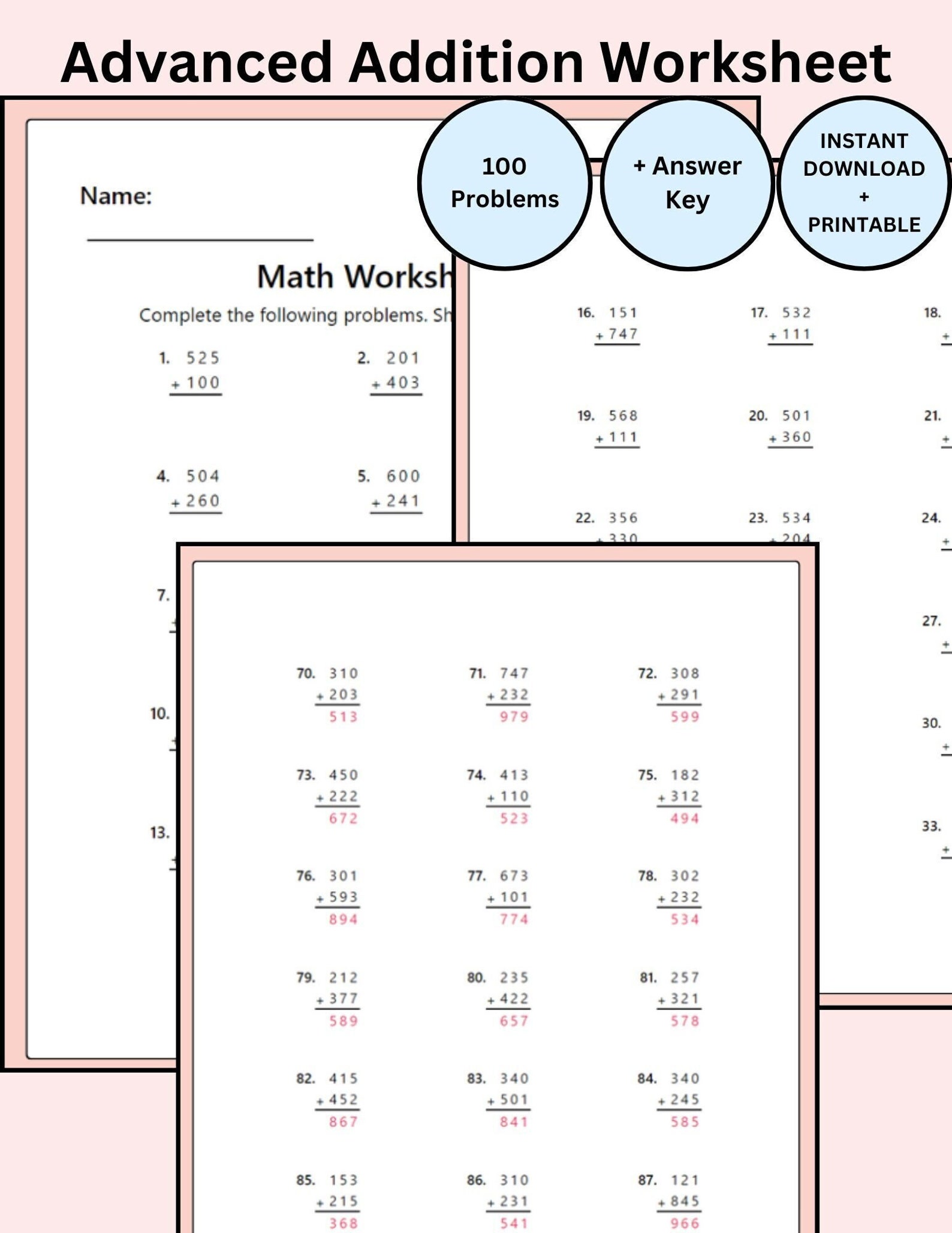 Advanced Addition 3 Digit Math 2nd, 3rd, 4th, and 5th Grade Elementary ...