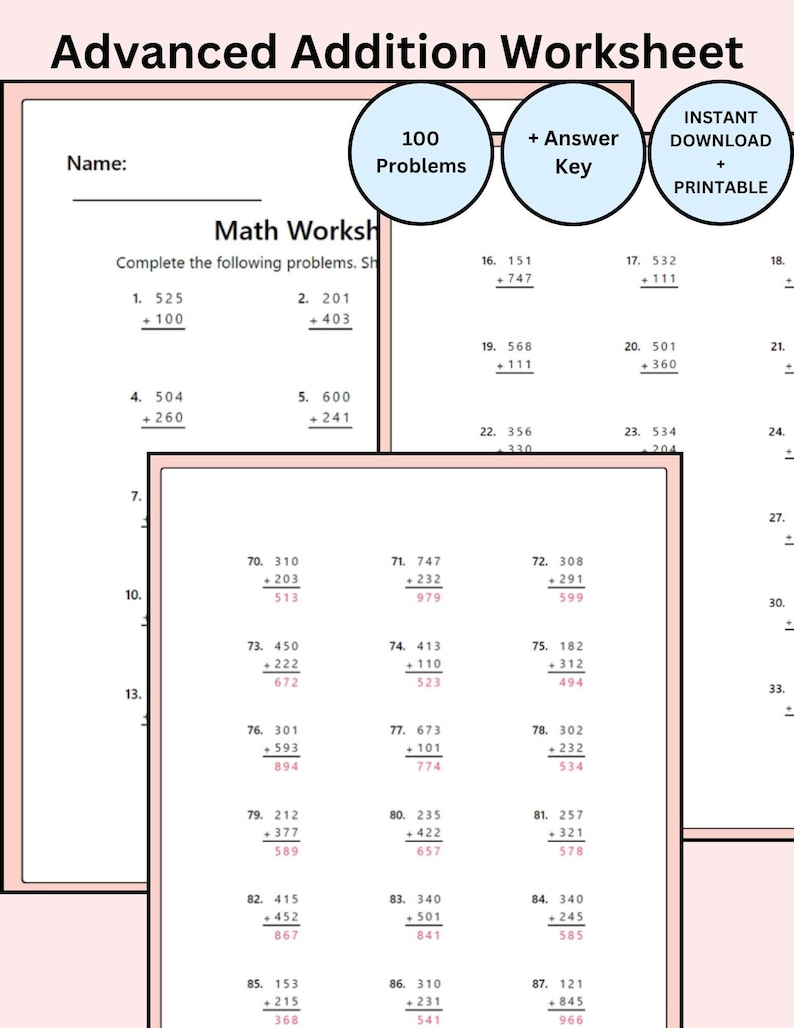 Advanced Addition 3 Digit Math 2nd, 3rd, 4th, and 5th Grade Elementary ...