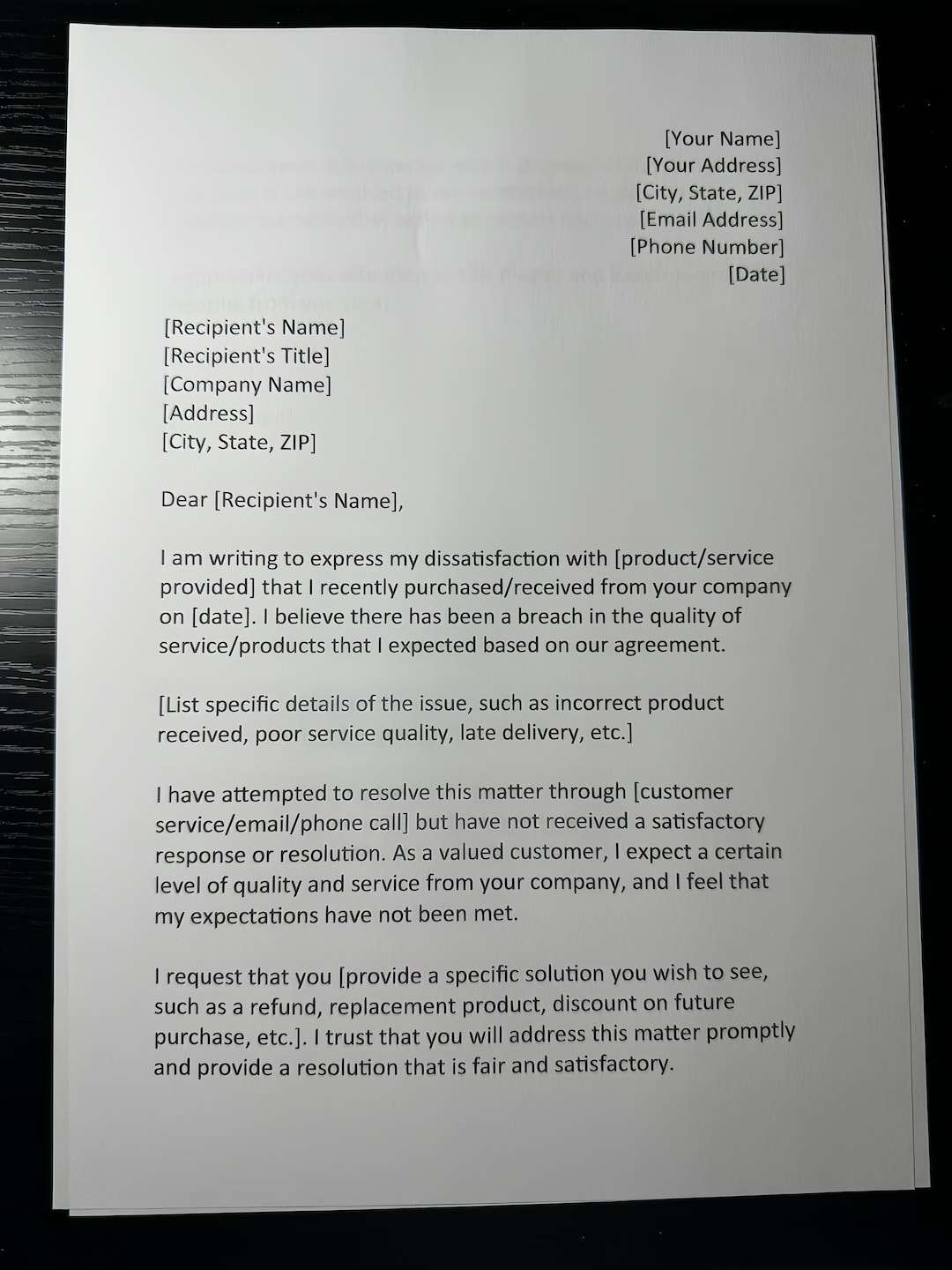 Complaint Letter Template Professional Formatted Document for Effective Issue Resolutions ...