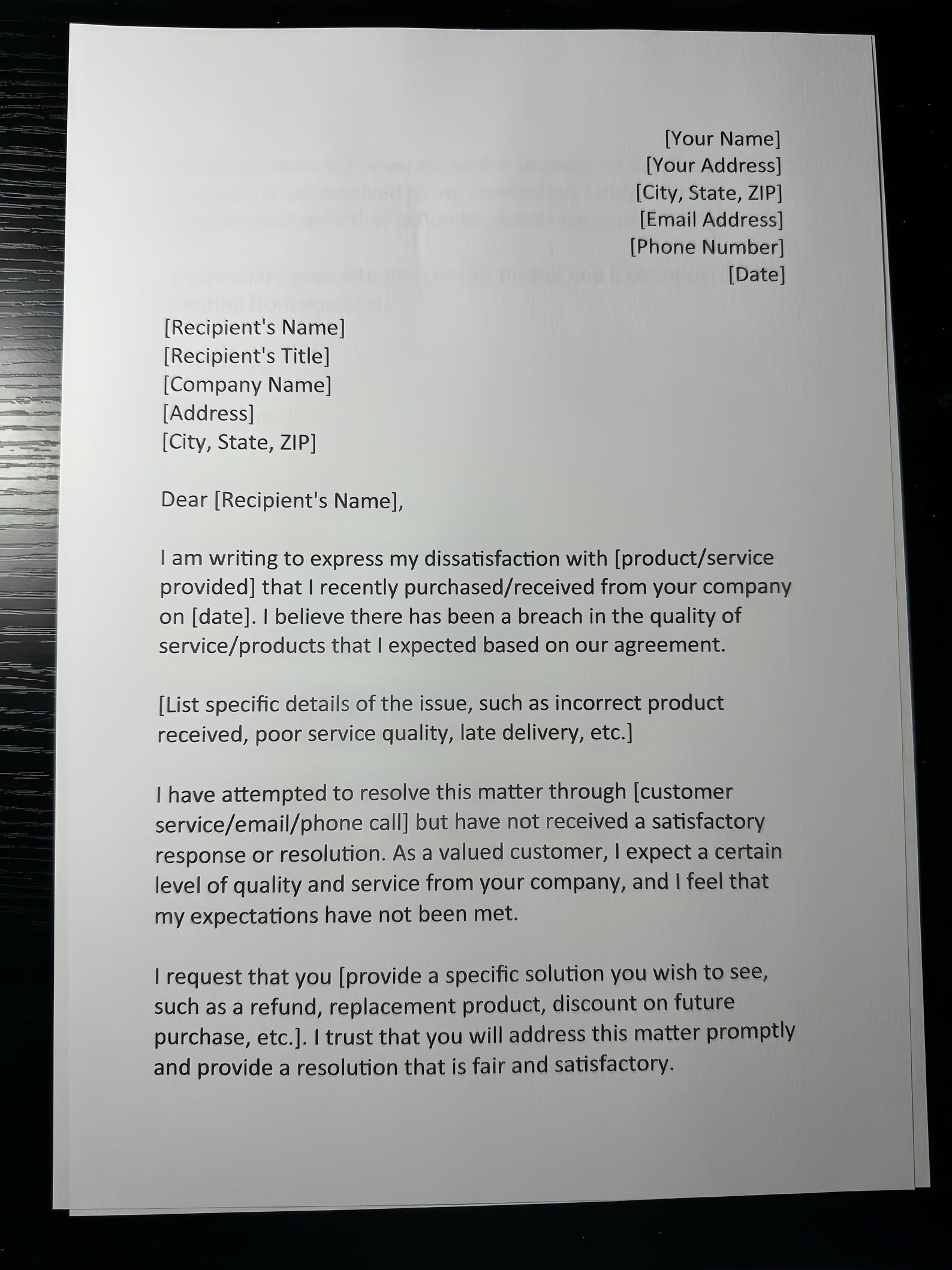 Complaint Letter Template Professional Formatted Document for Effective ...