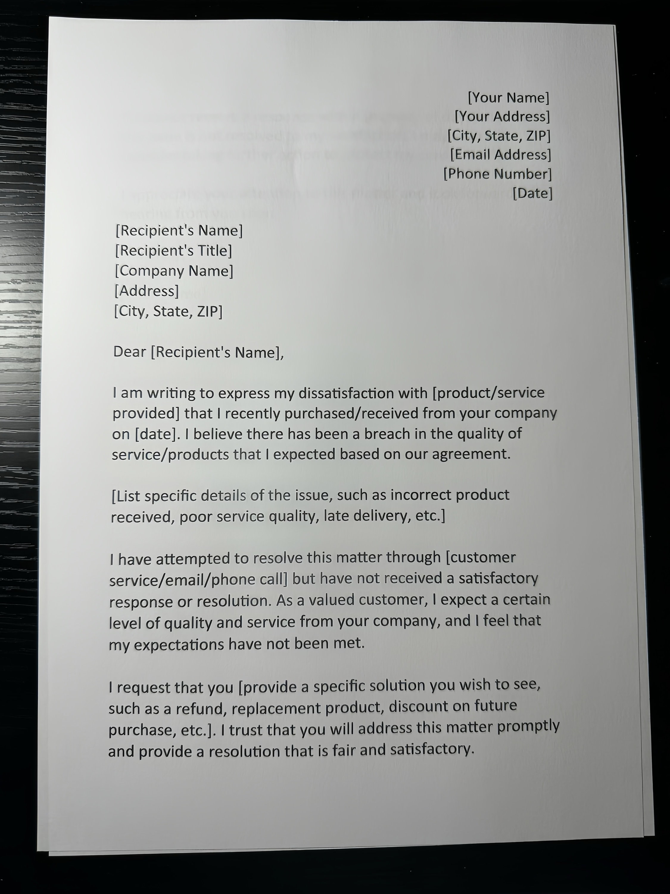 Complaint Letter Template Professional Formatted Document for Effective ...