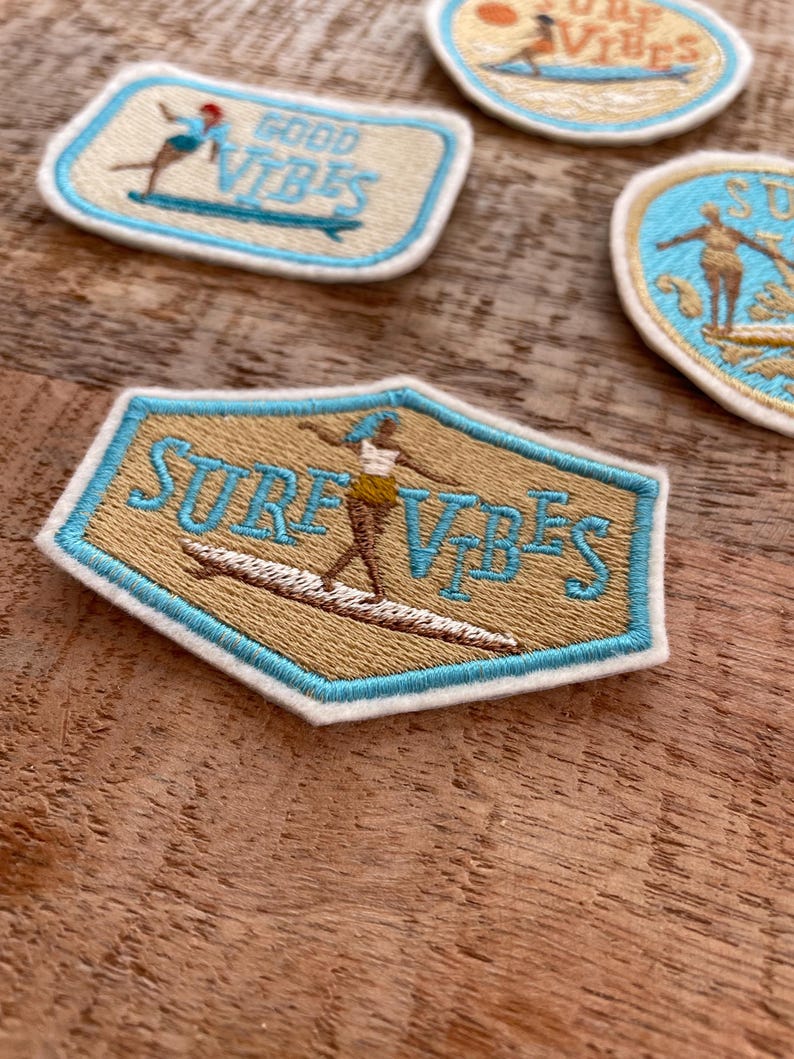 Iron-on Embroidered Patches SURF VIBES, Cross Step, Hang Five, Hang Ten ...