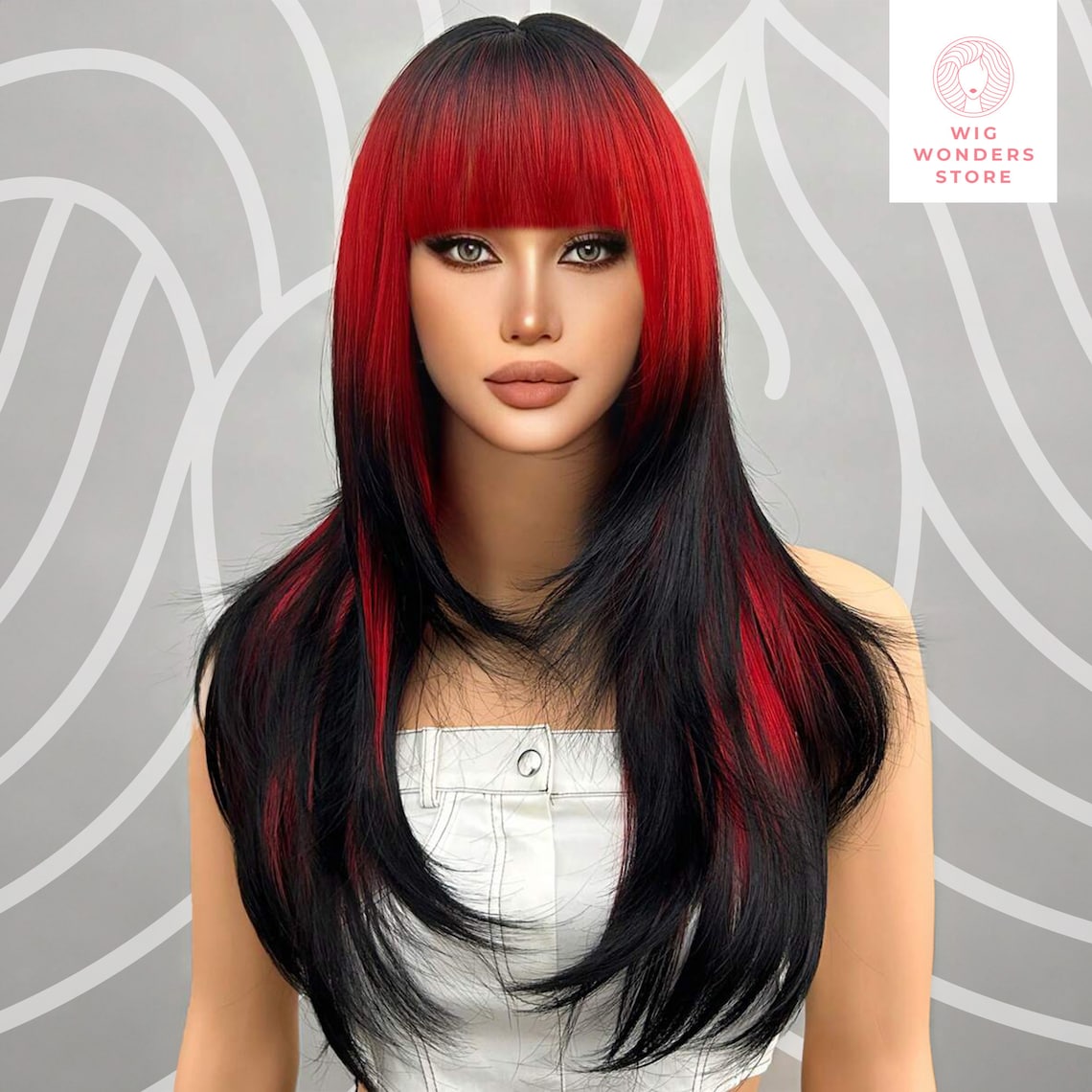 Black & Bright Red Wig, Long Wig With Bangs, Red Wig, Gift for Her ...