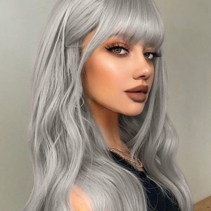 Silver Wig, Wig With Bangs, Long Wig, Long Wavy Wig, Daily Wig, Grey ...