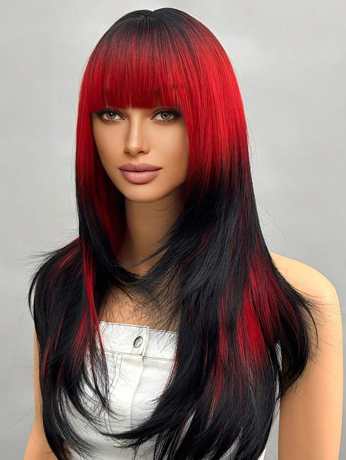 Black & Bright Red Wig, Long Wig With Bangs, Red Wig, Gift for Her ...