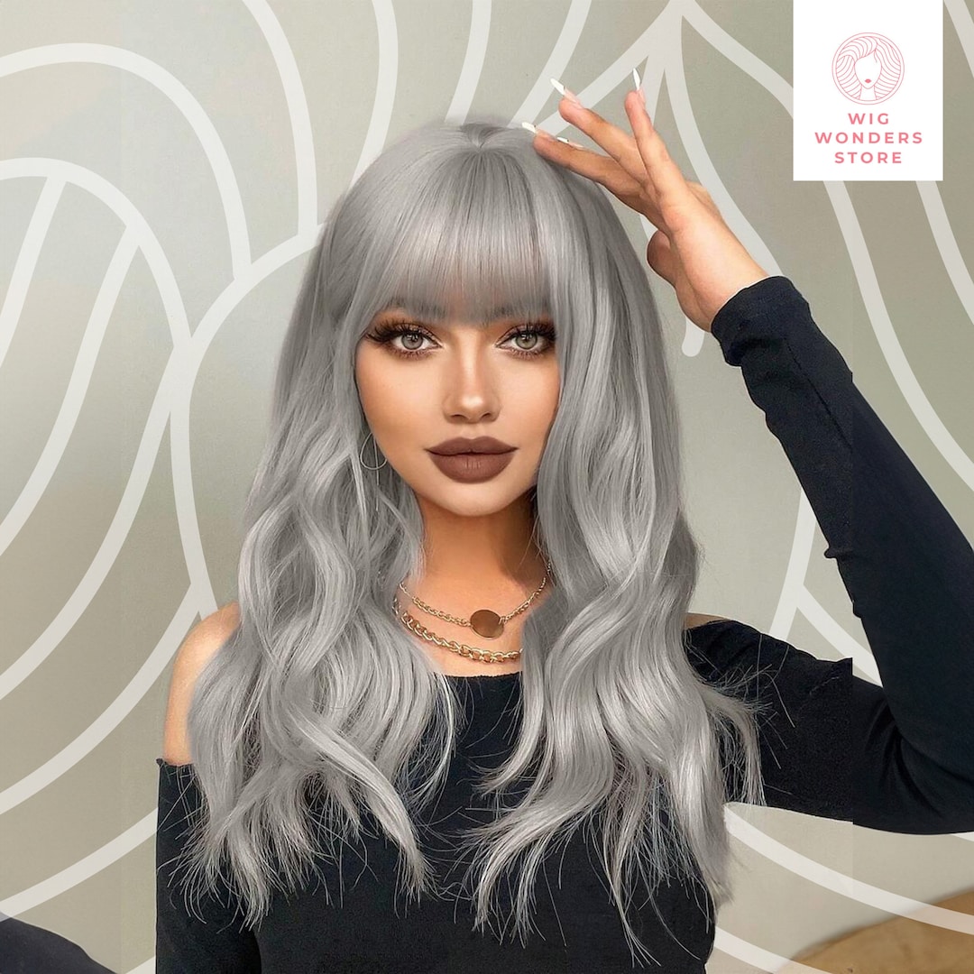 Silver Wig, Wig With Bangs, Long Wig, Long Wavy Wig, Daily Wig, Grey ...