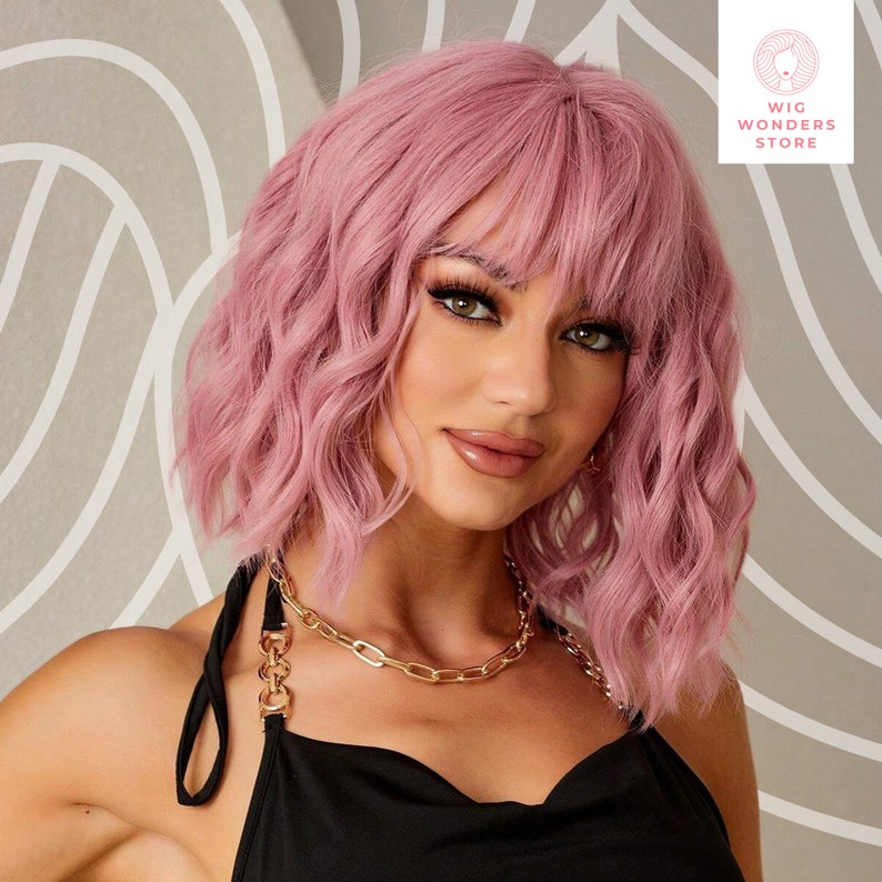 Pink Bob Wig, Curly Wavy Bangs Wig, Party Cosplay - Etsy