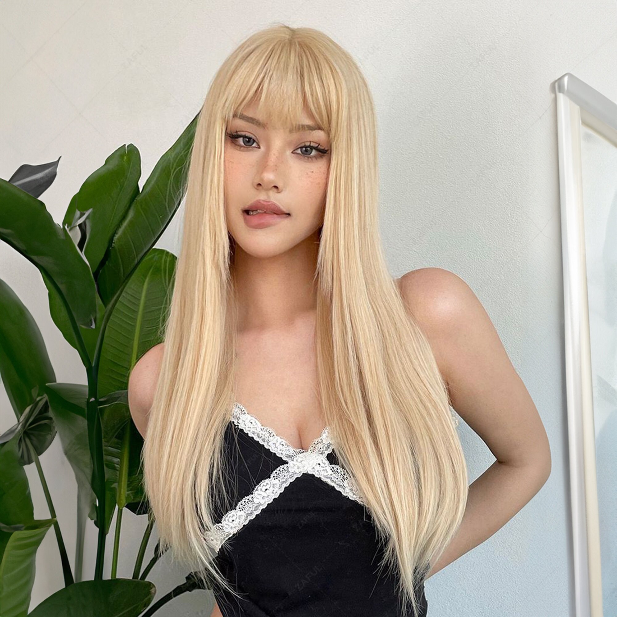 Long Gold Wig With Bangs, Straight Blonde Wig - Etsy