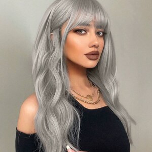 Silver Wig, Wig With Bangs, Long Wig, Long Wavy Wig, Daily Wig, Grey ...